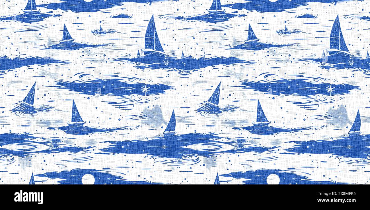 Coastal sail boat in azure ocean blue seamless border background ...