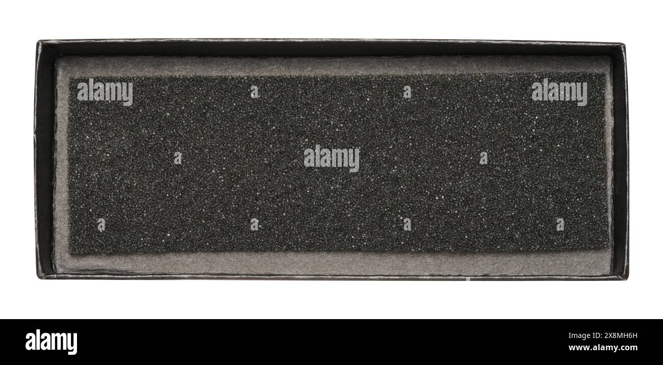 Open black rectangular box with foam inside on isolated background, top ...