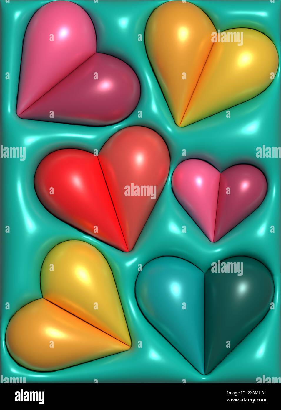 Multi-colored volumetric hearts on a green background, 3D rendering ...