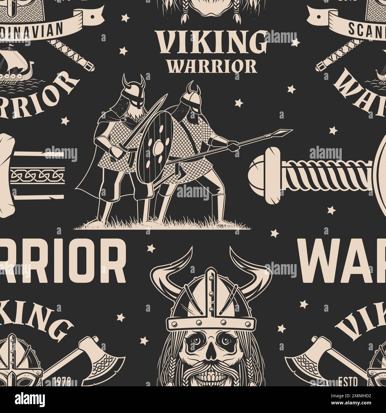 Vikings warrior seamless pattern or background. Vector. Fabric, texture, wallpaper with drakkar ...