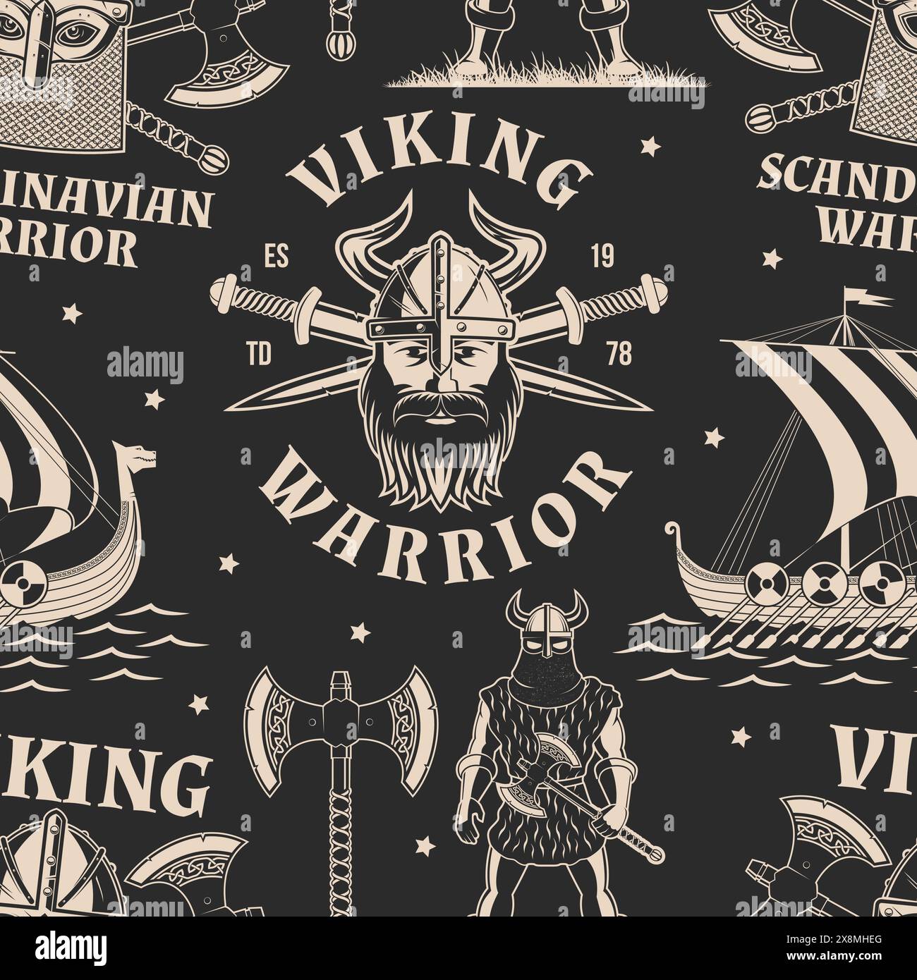 Vikings warrior seamless pattern or background. Vector. Fabric, texture, wallpaper with drakkar ...