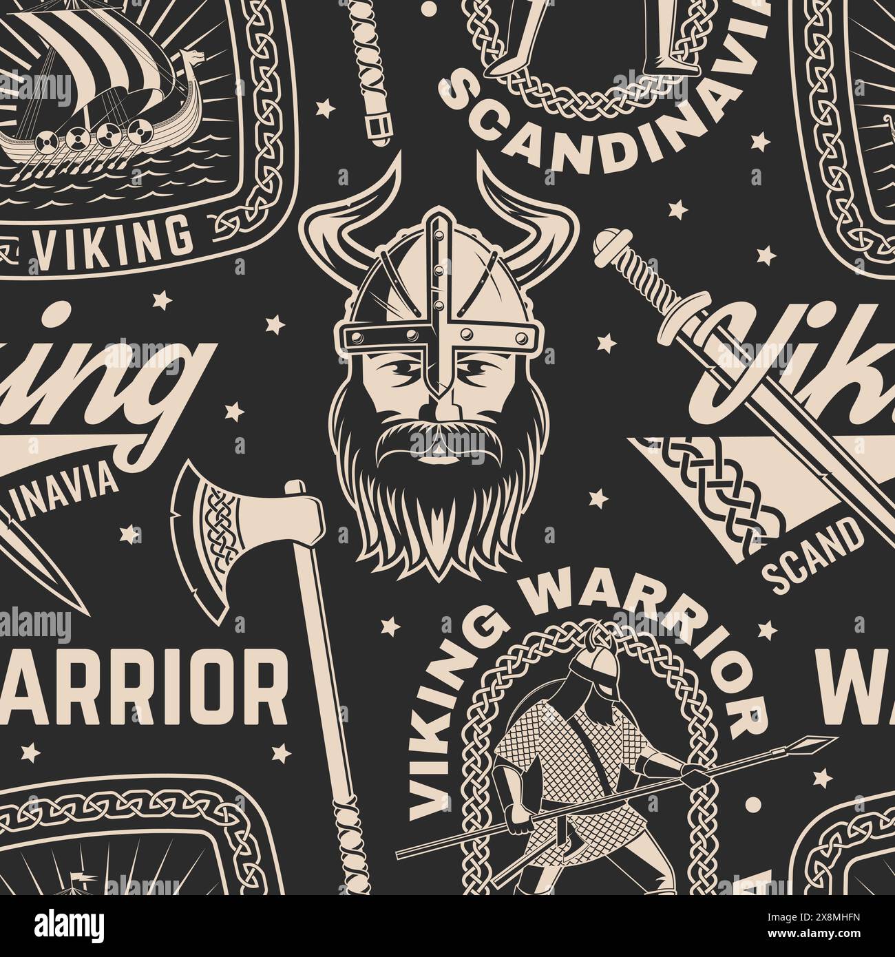 Vikings warrior seamless pattern or background. Vector. Fabric, texture, wallpaper with drakkar ...