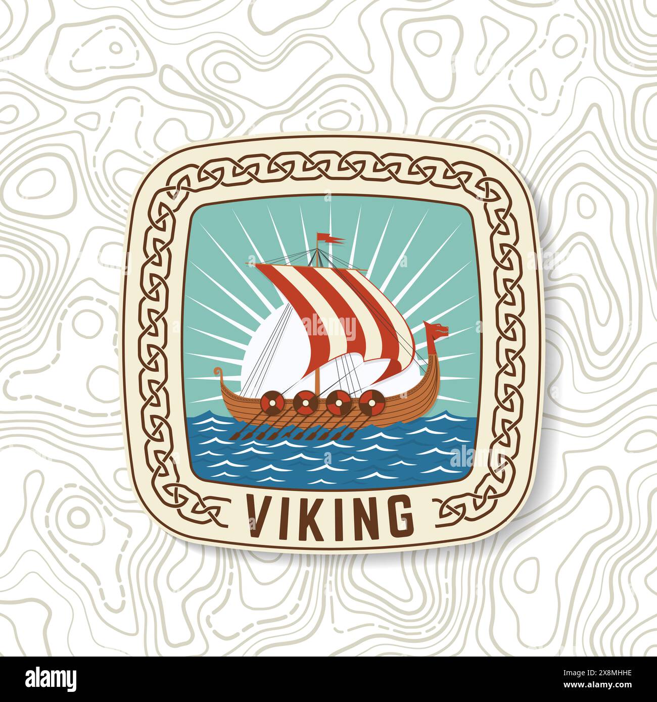 Viking ship logo, badge, sticker with native ornament borders. Vector ...