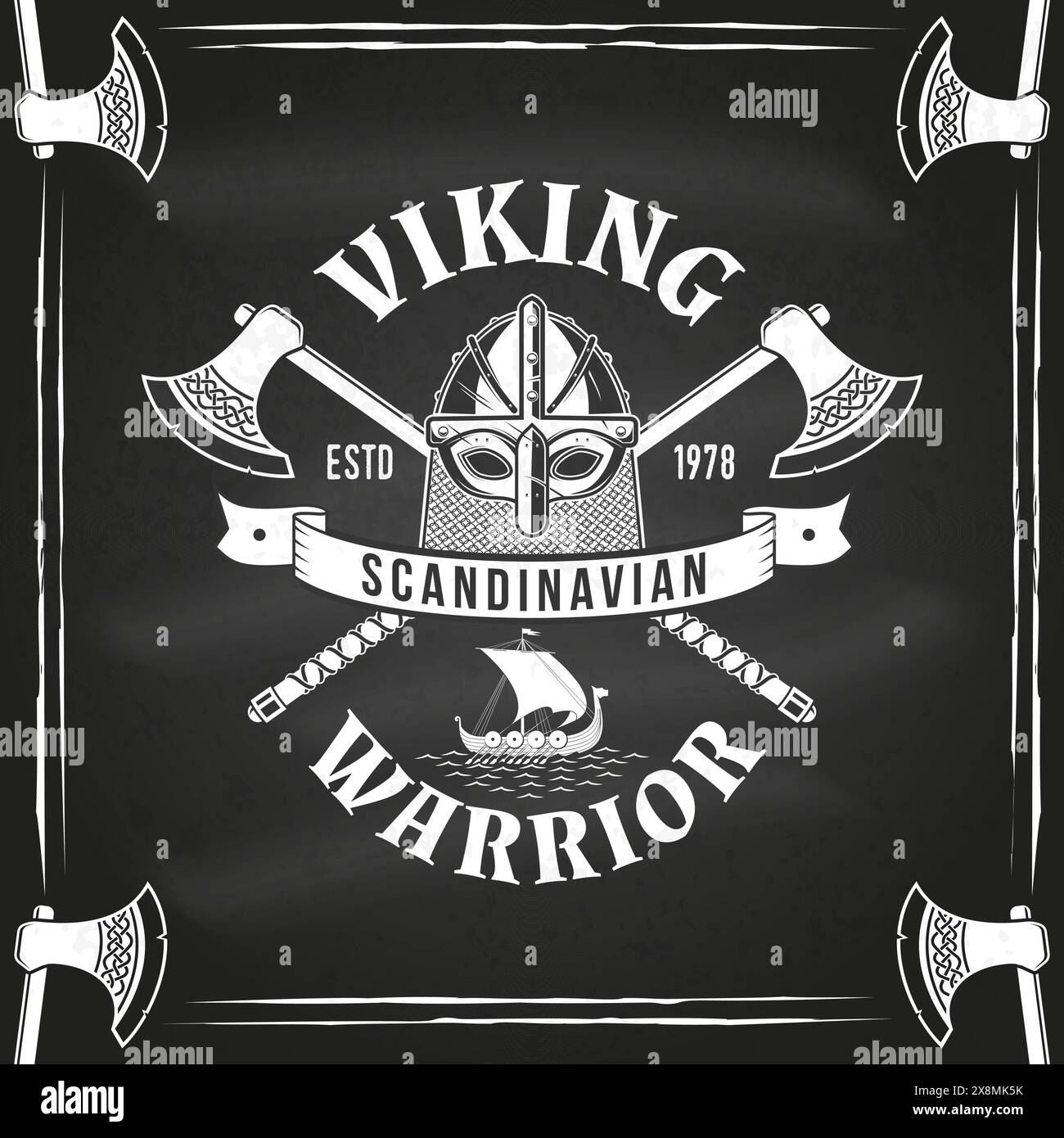 Viking warrior logo, badge, sticker on the chalkboard. Vector ...