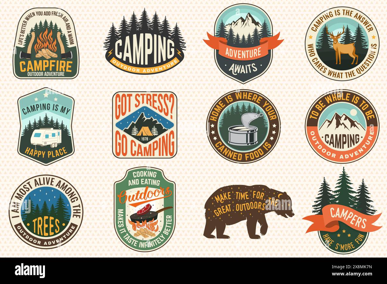 Set of Summer camp quotes patches. Vector. Design with rv trailer ...