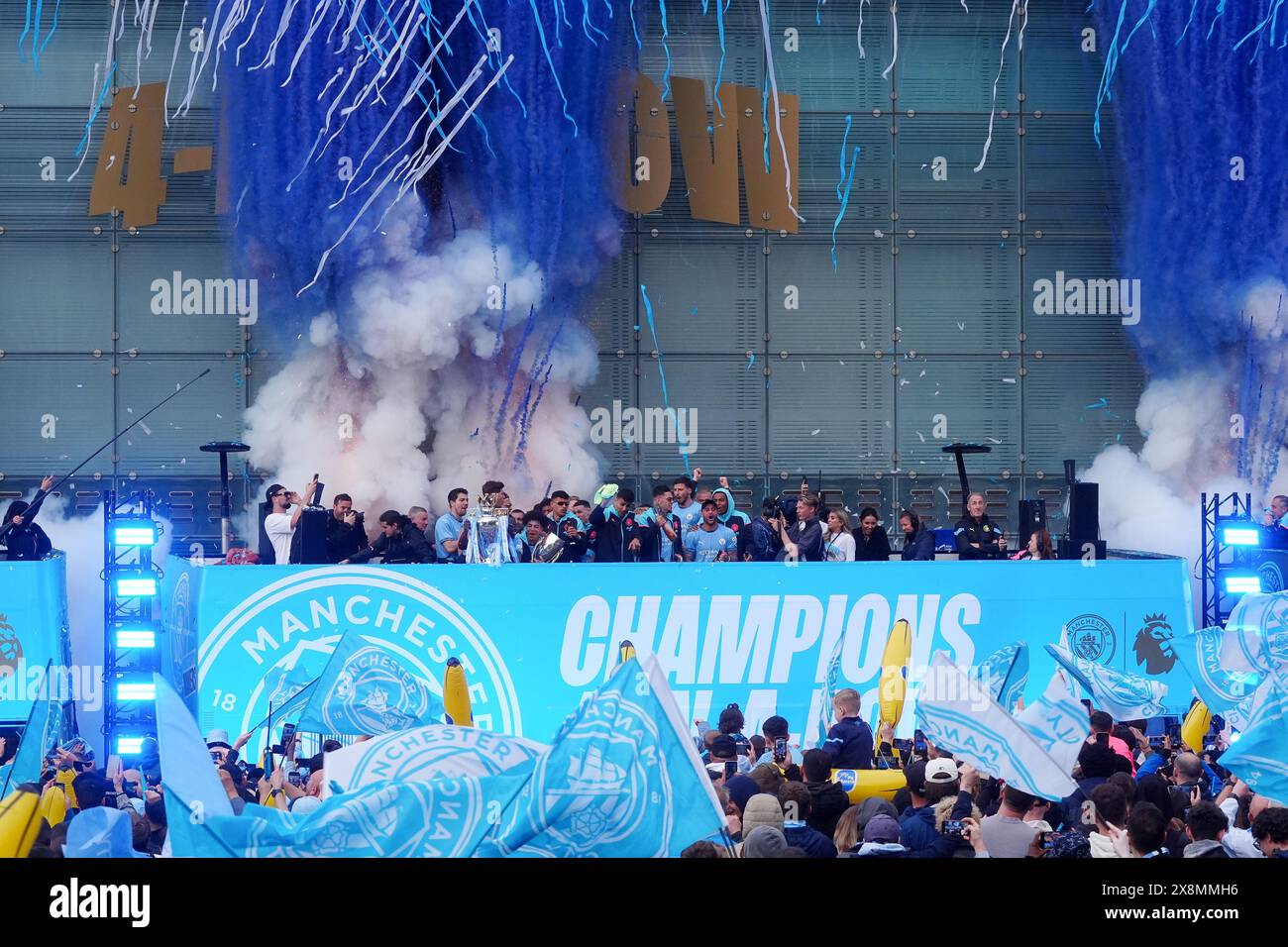 General view of pyrotechnics as Manchester City players celebrate with ...