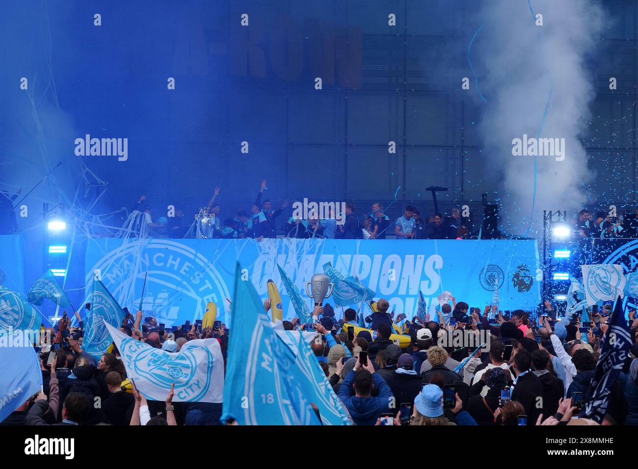 General view of pyrotechnics as Manchester City players celebrate with ...