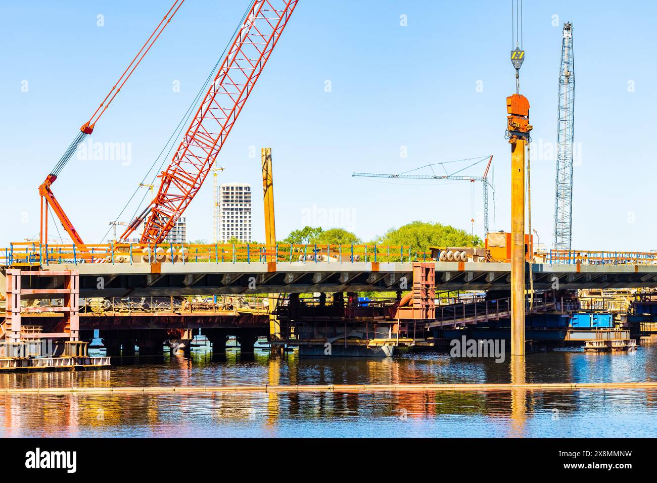 Moscow, Russia - May 22, 2024: floating crane building a bridge Stock ...