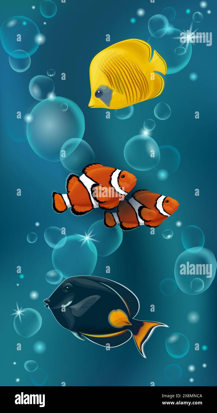 3D Tropical fishes vertical wallpaper. Clownfish in orange, black and ...
