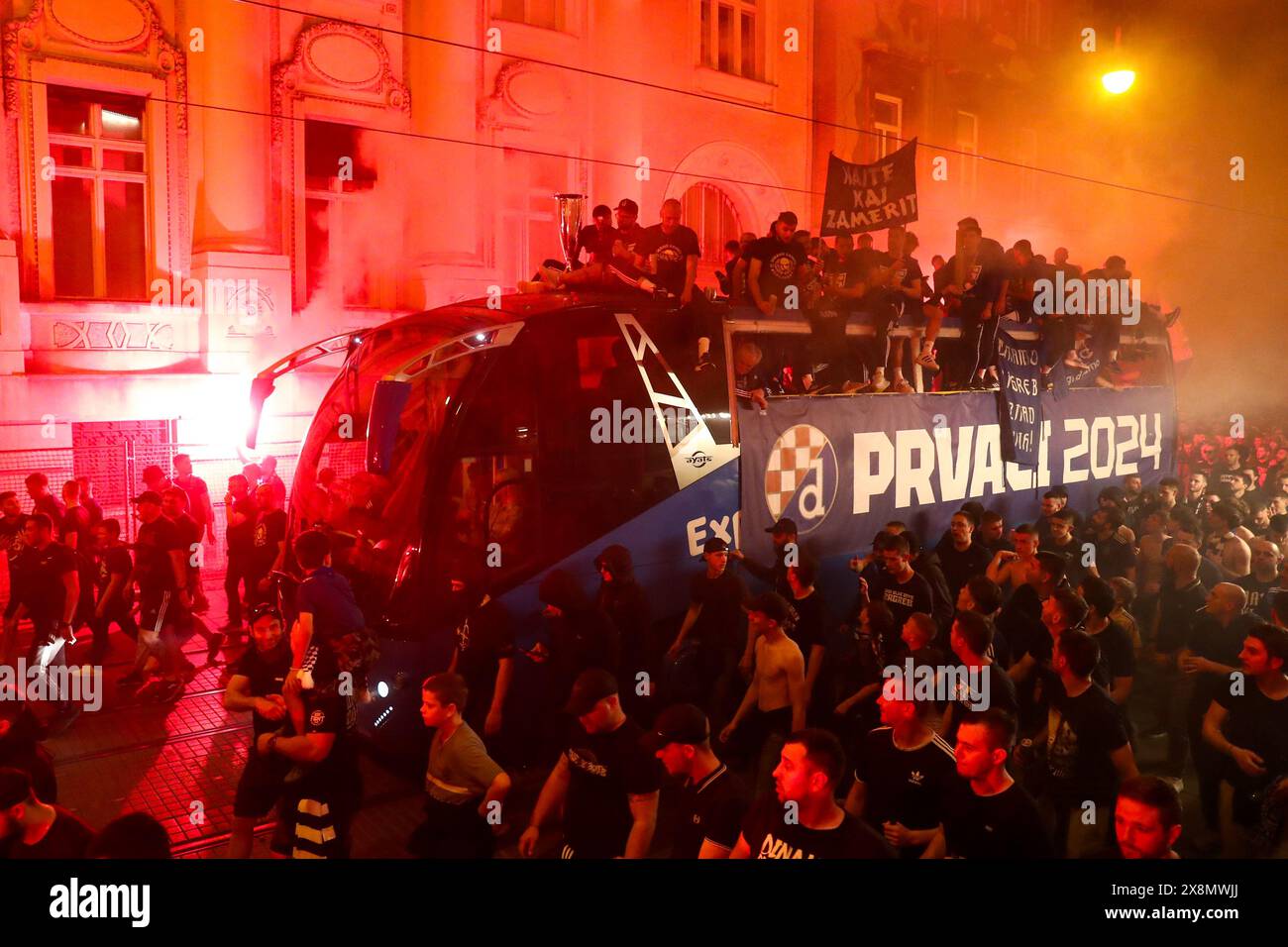Players of Dinamo Zagreb celebrate with their trophy as they parade on ...
