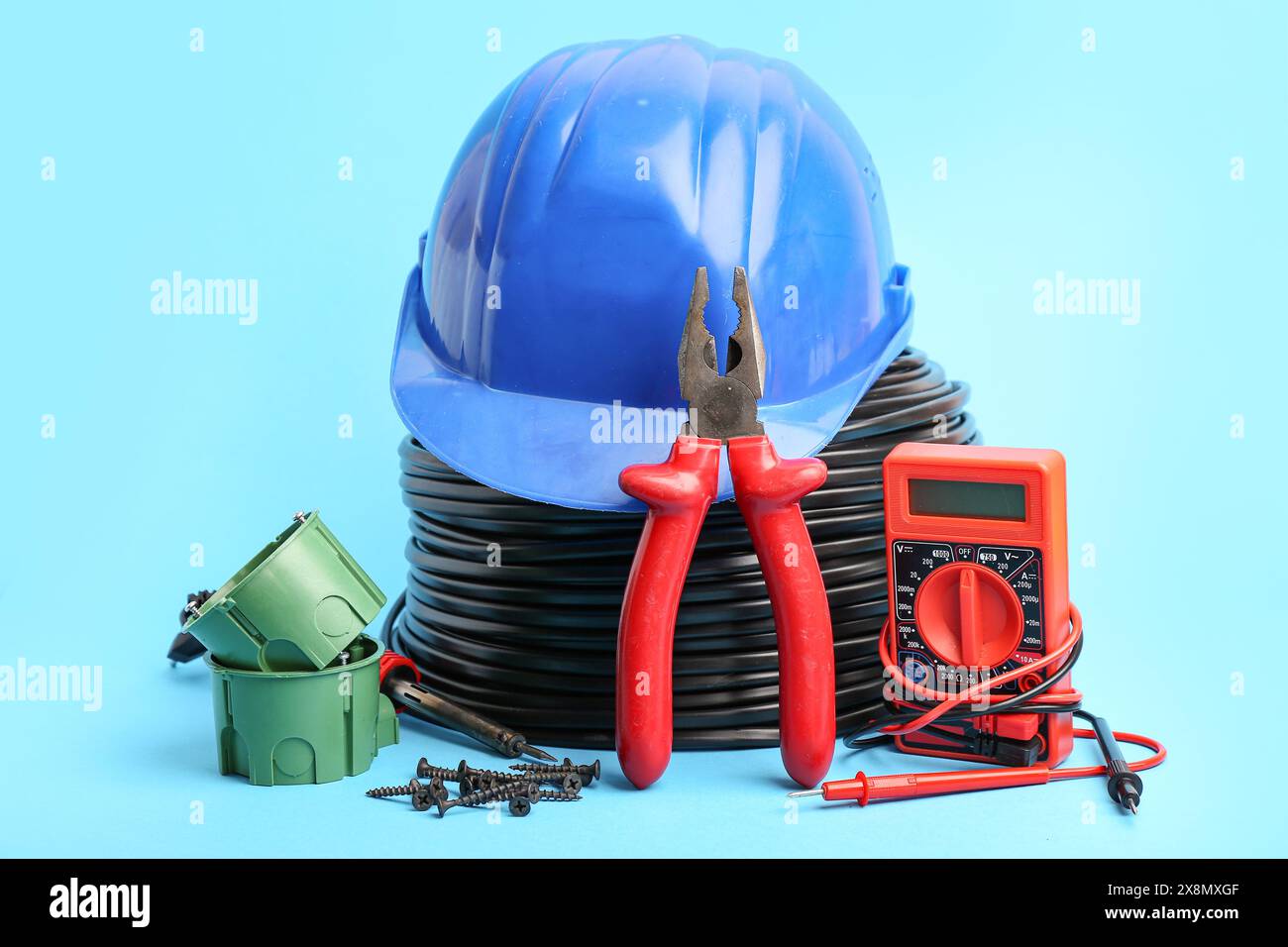 Set of different electrician's supplies on color background Stock Photo ...