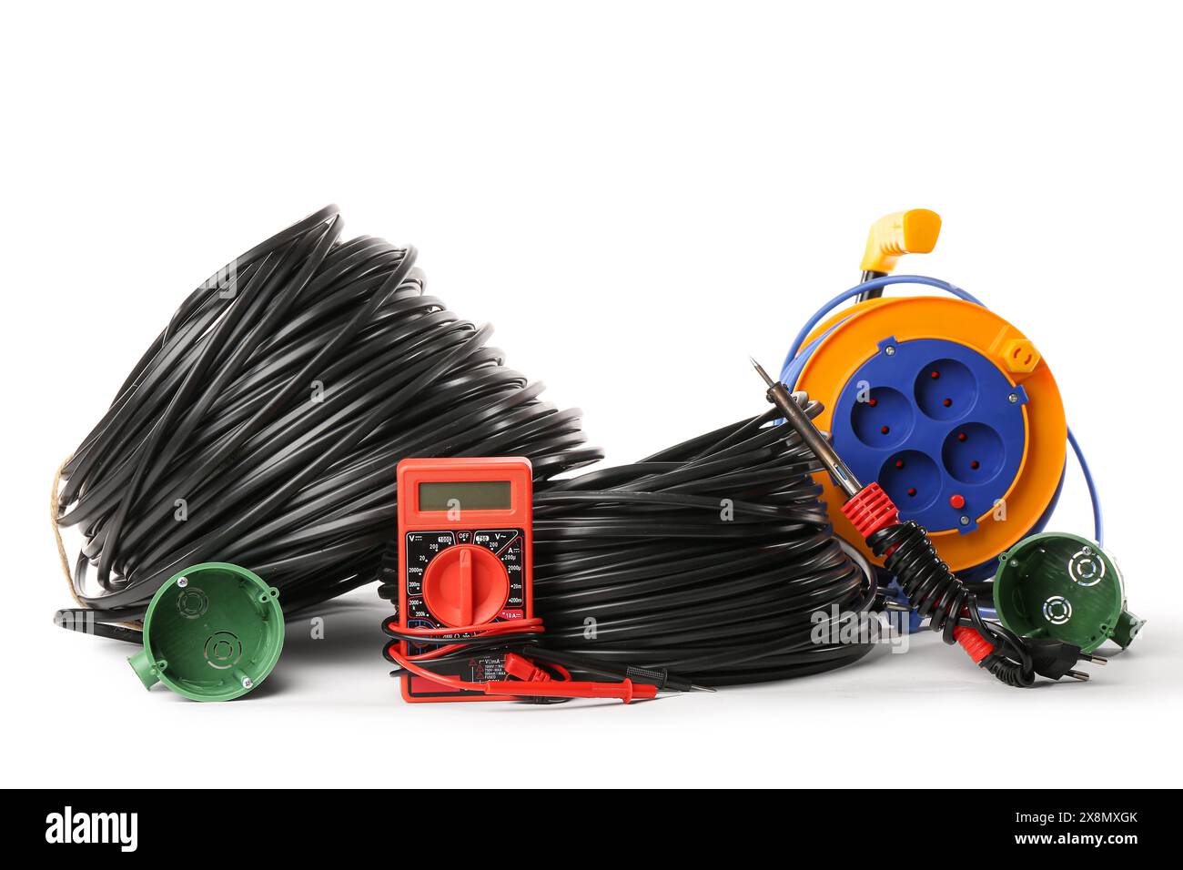 Rolled wires, multimeter, socket mounting boxes and extension cable ...