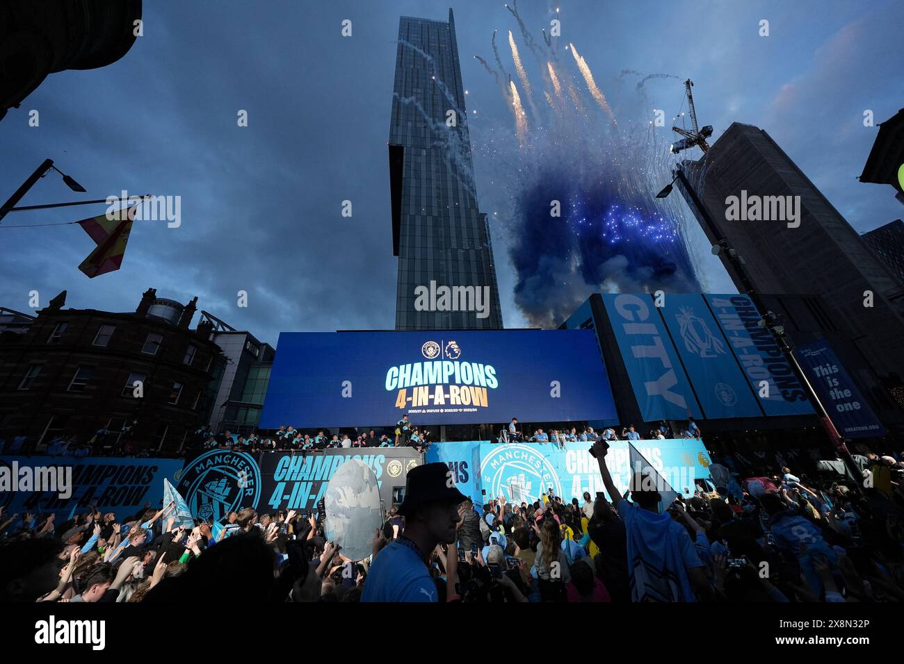 Pyrotechnics as Manchester City players, staff and fans celebrate ...