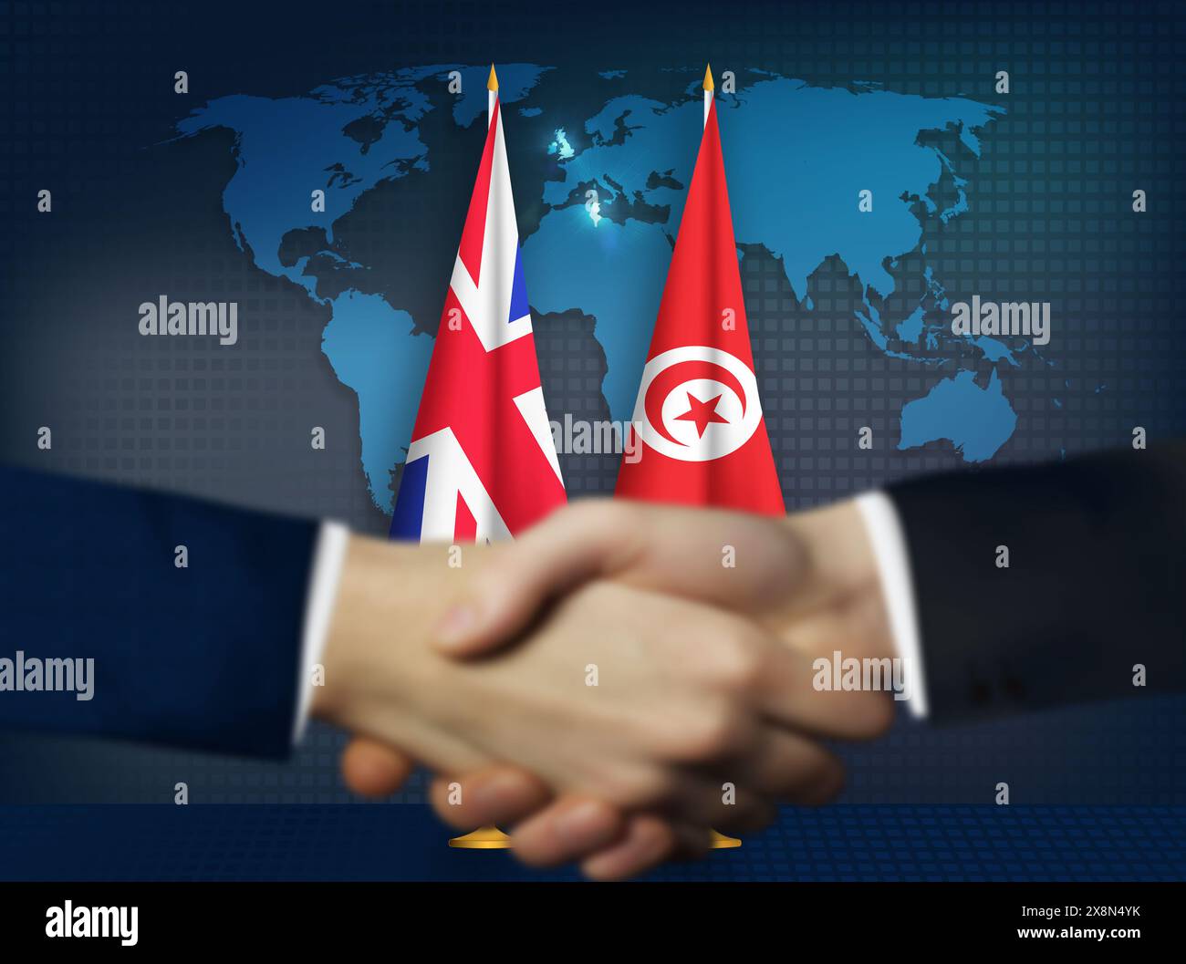 Two people shaking hands in front of Tunisia and UK flags Stock Photo ...