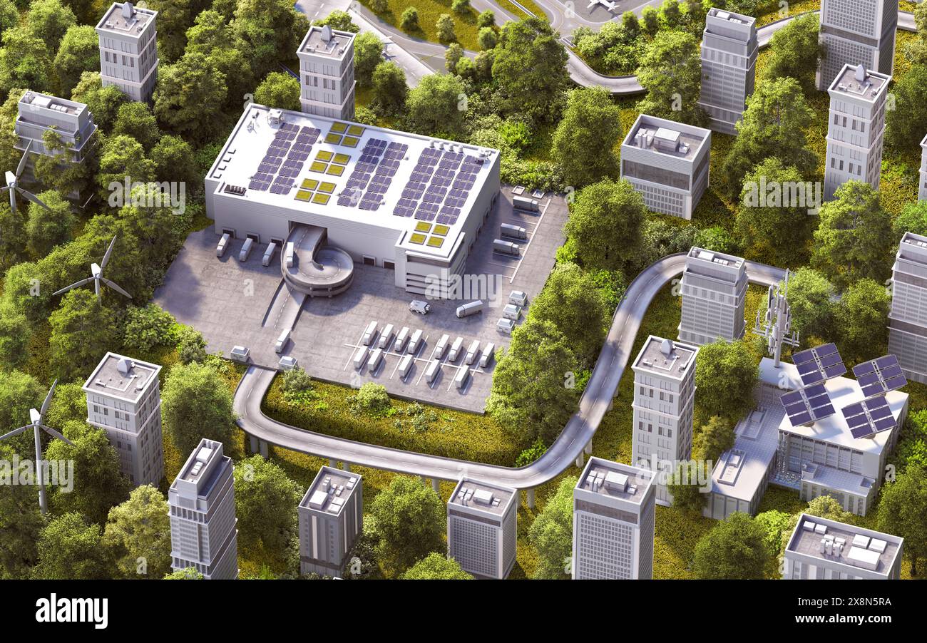 3d isometric visualization of logistic center green city elements ...