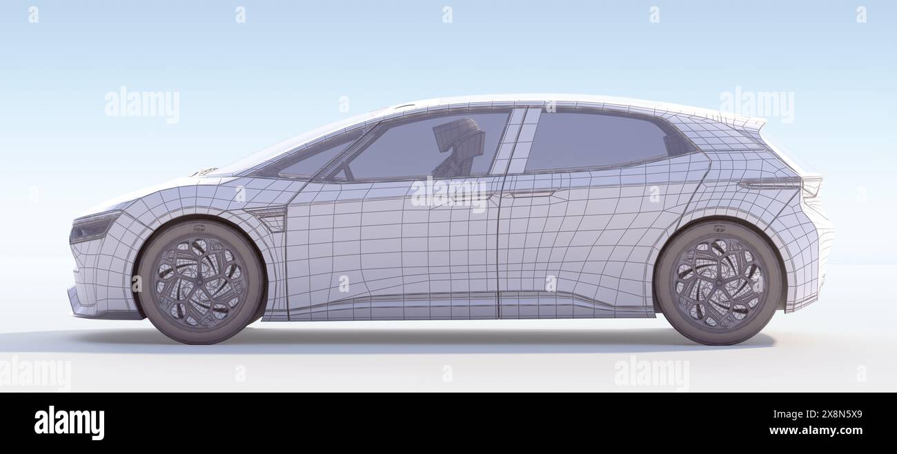 3d schematic wireframe blueprint plan view of generic no brand car ...