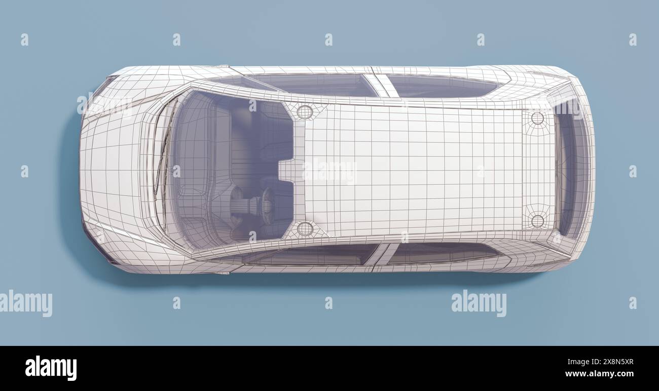 3d schematic wireframe blueprint plan view of generic no brand car ...