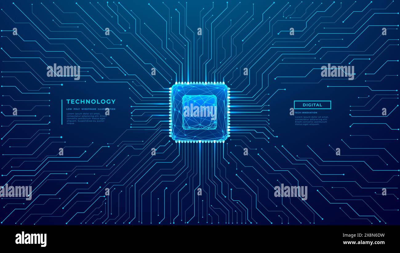 Gloving computer chip in the center. Abstract digital tech bg Stock ...