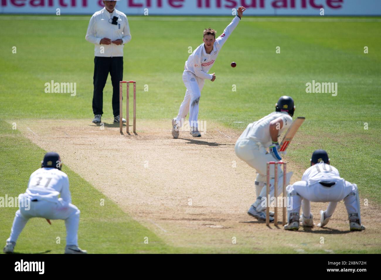 Southampton, UK. 26 May 2024. Felix Organ of Hampshire bowling to Jamie ...