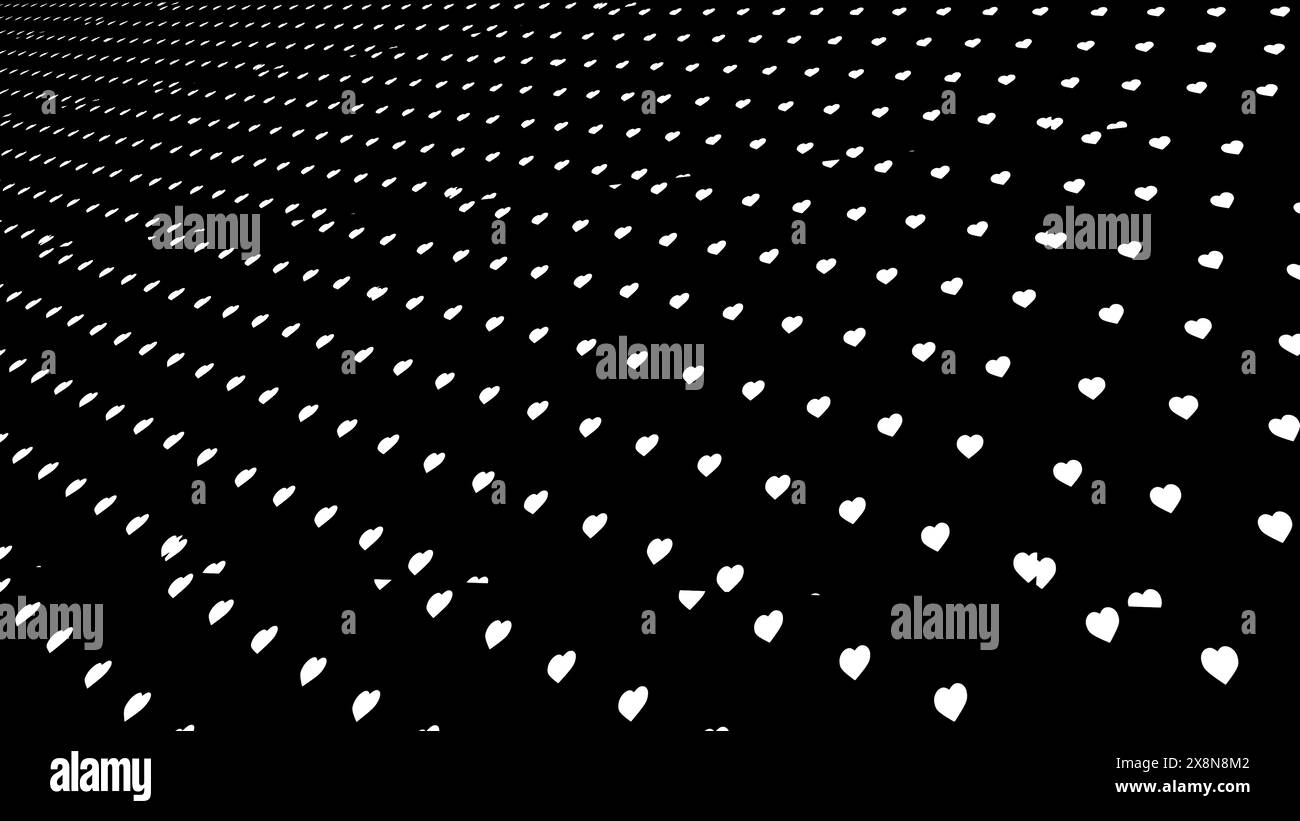 Straight diagonal rows of white small hearts on a black background ...