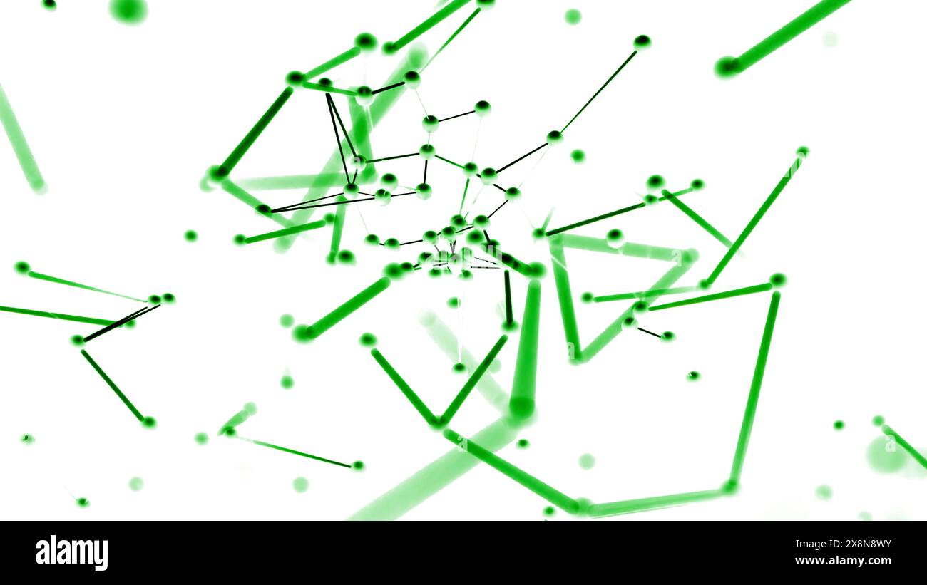 Colorful particles connected by lines flying flying towards camera. Design. Plexus dynamic ...