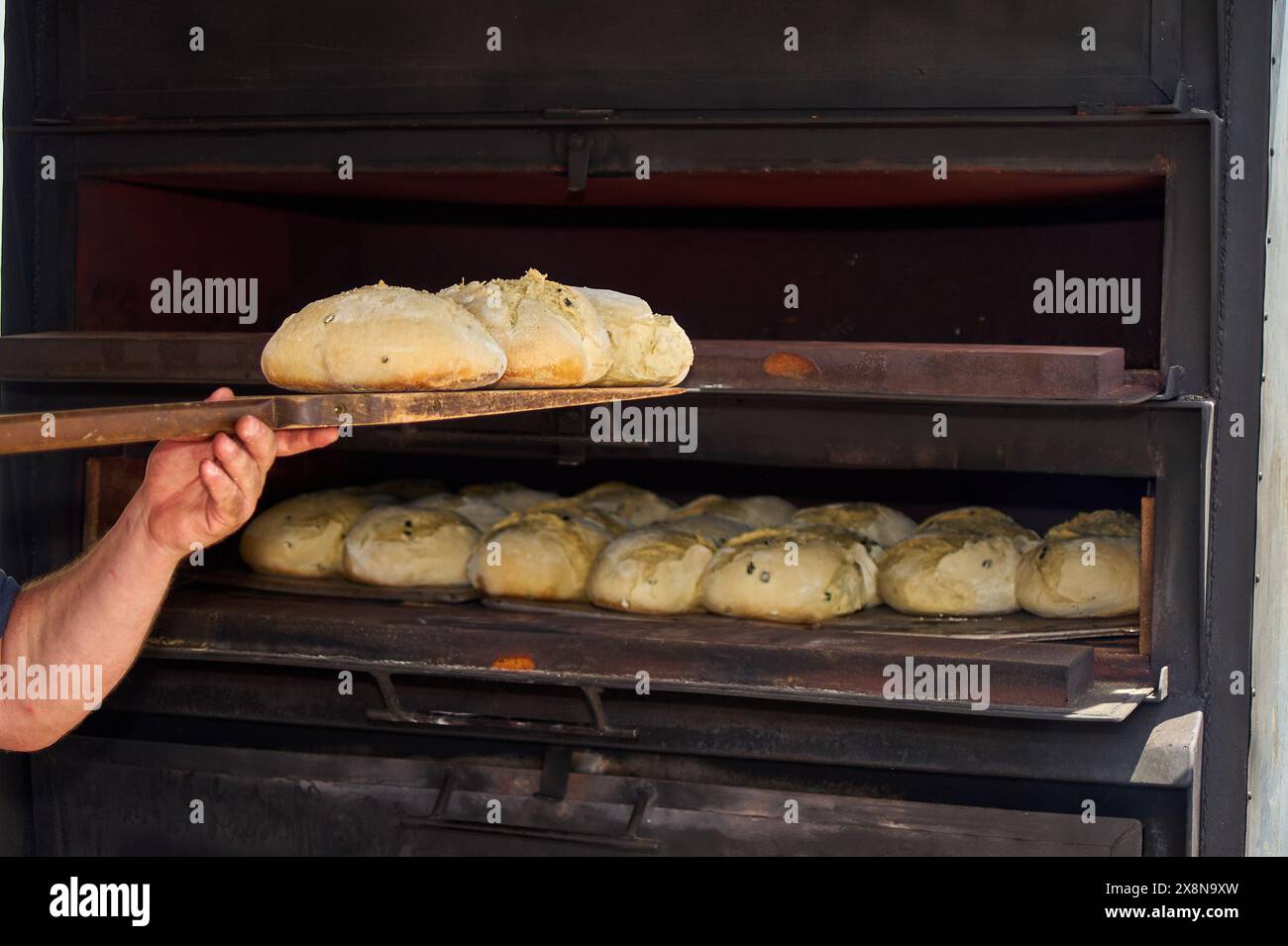 Inside view of an industrial oven filled with fresh seed bread Stock ...