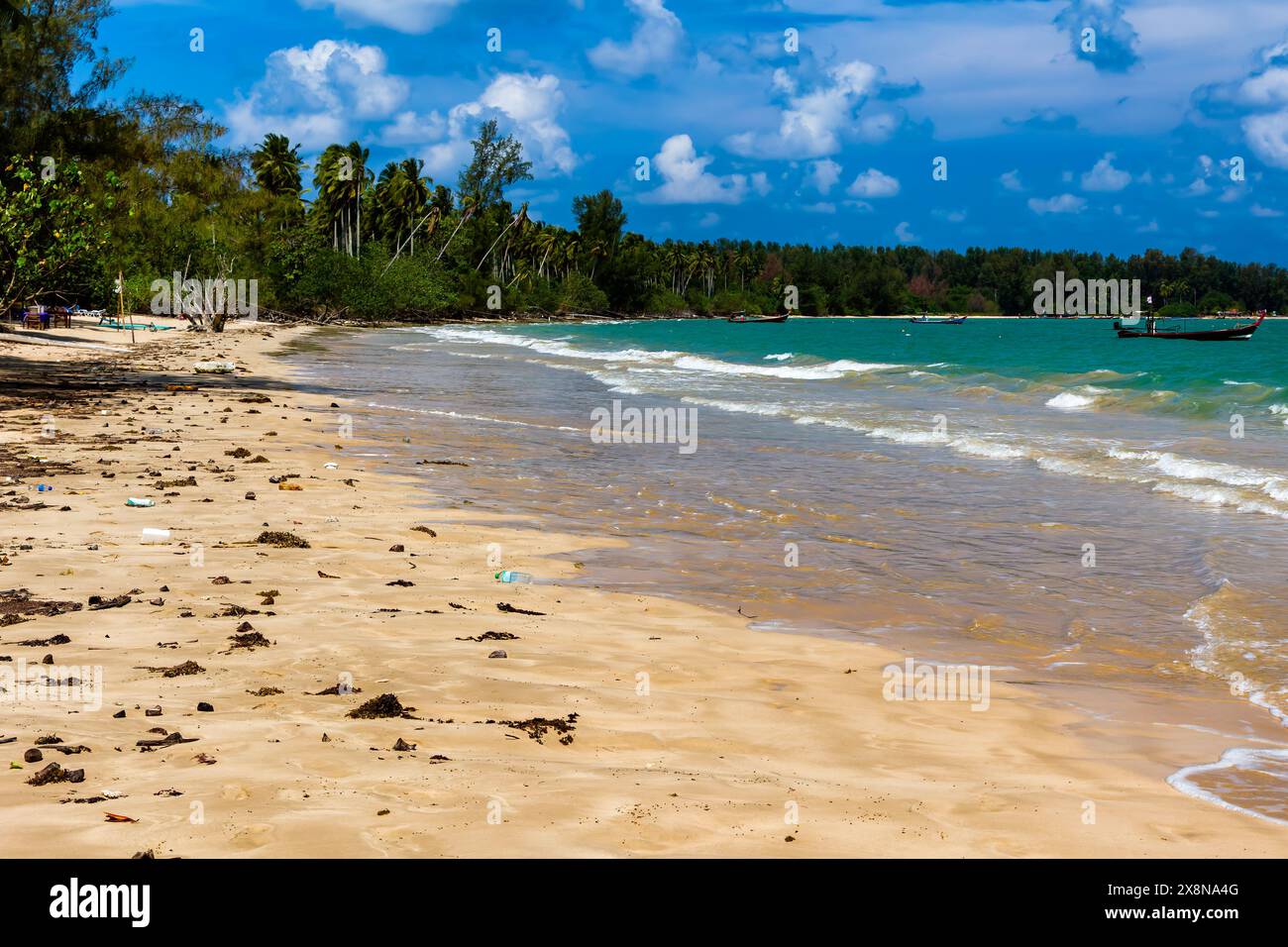Plastic trash and other discarded items on the high tide line of a ...