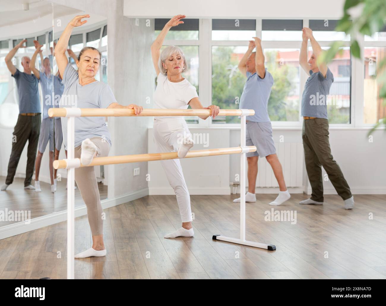 Elderly active women perform various ballet positions at the barre, men ...