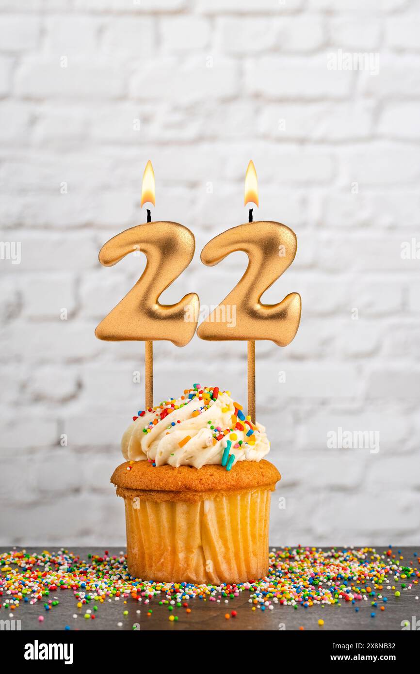 Cupcake with number 22 birthday candle - White block wall background ...