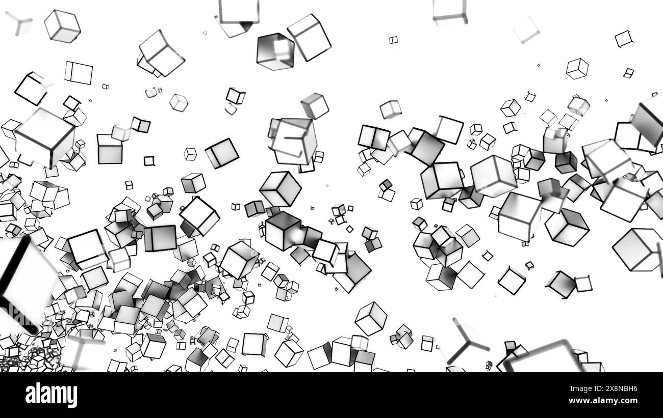 Abstract spreading stream of 3d cubes. Motion. Silhouettes of small ...