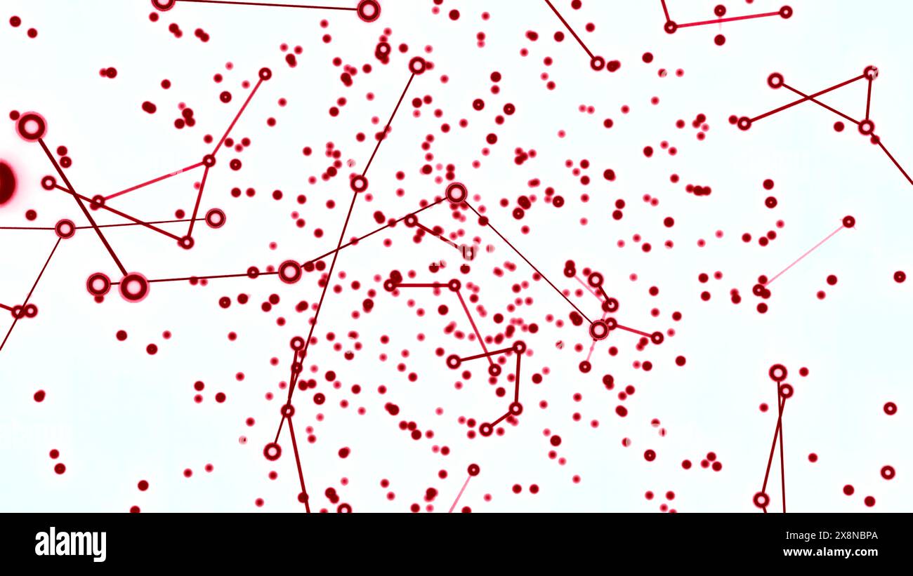 Abstract technology background with red animated lines and dots. Design. Geometrical backdrop ...