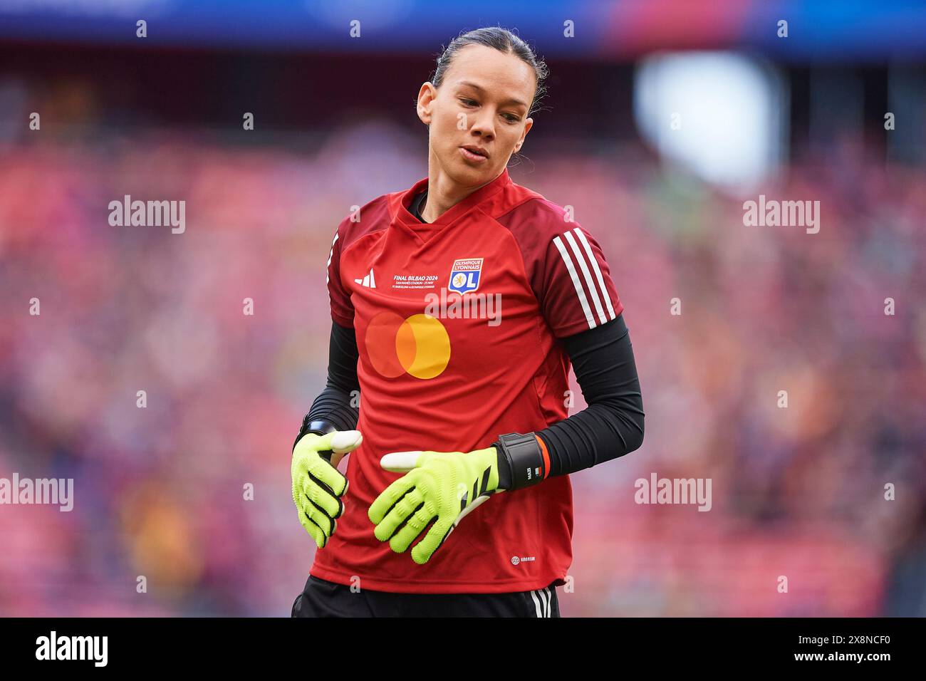 Christiane Endler of Olympique Lyonnais warms up prior to the UEFA ...