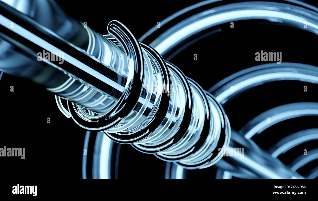 Neon lines rotate around pipe. Design. Animation of mechanical rod with rotating neon lines ...