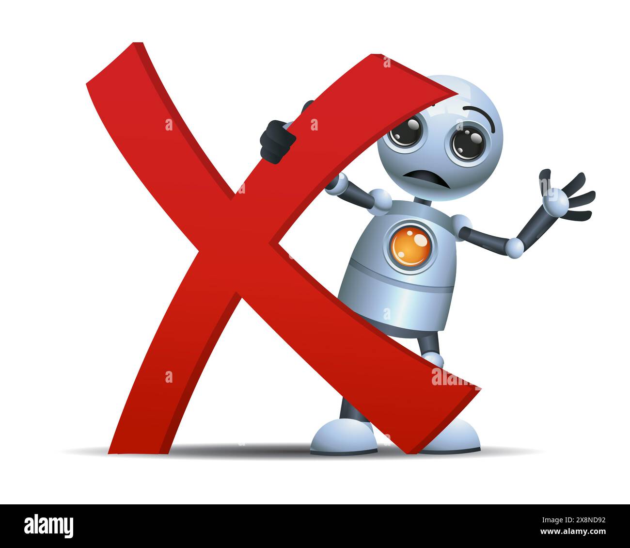 3D illustration of a little robot hold red cross wrong symbol on ...
