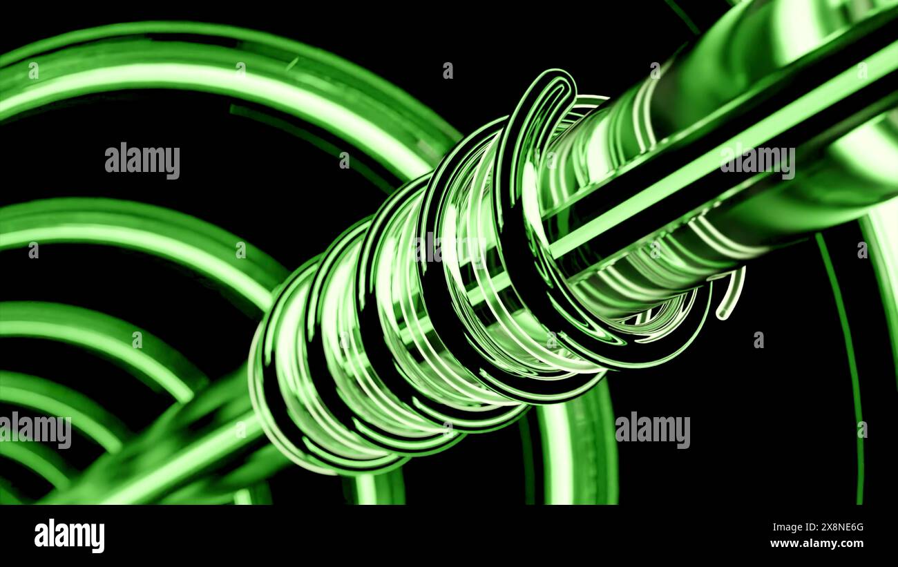 Neon lines rotate around pipe. Design. Animation of mechanical rod with ...