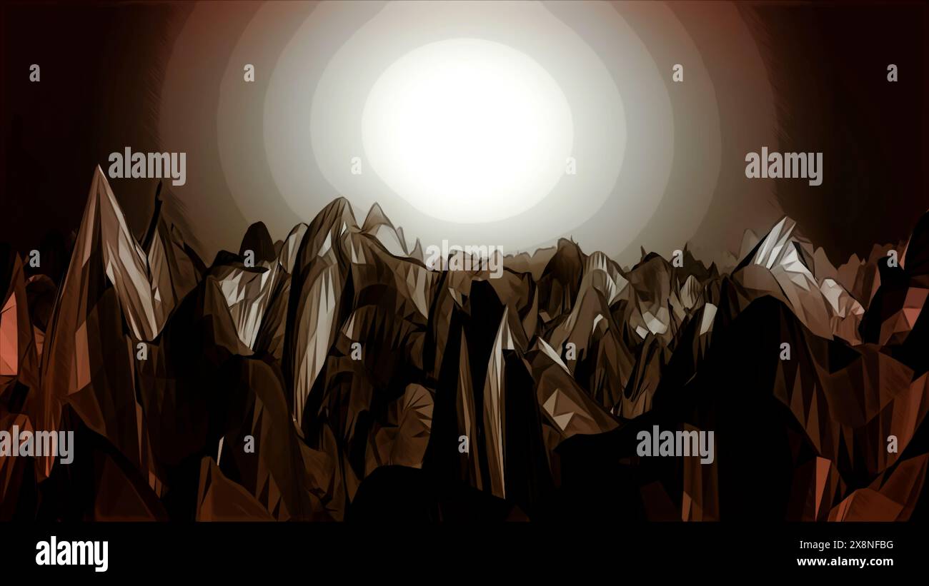 Flying inside dark underground cave with sharp rock formations ...