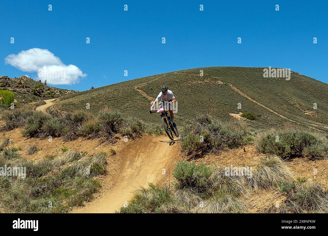 May 26, 2024: A cyclist gains air on the final sprint of the 40 mile ...