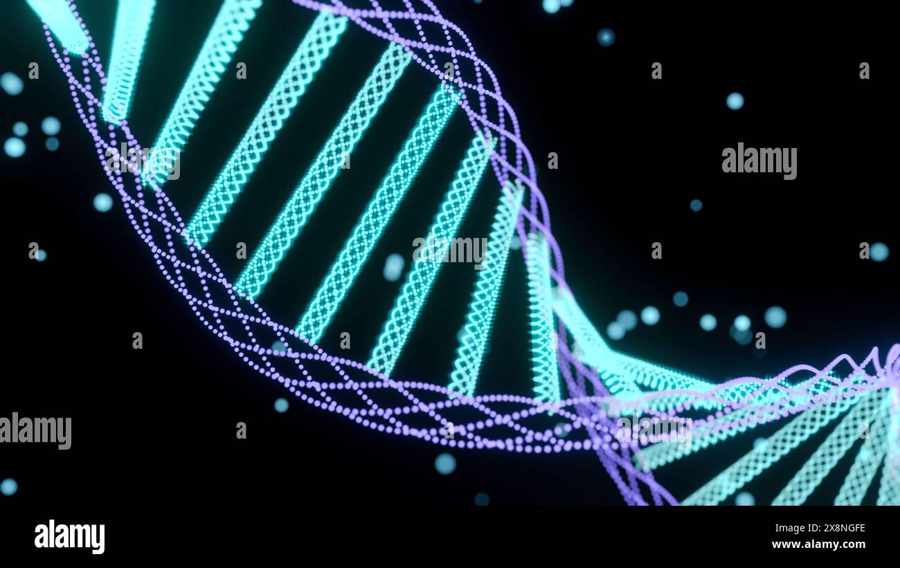 Animation of spinning dna structure, green and purple digital waves ...