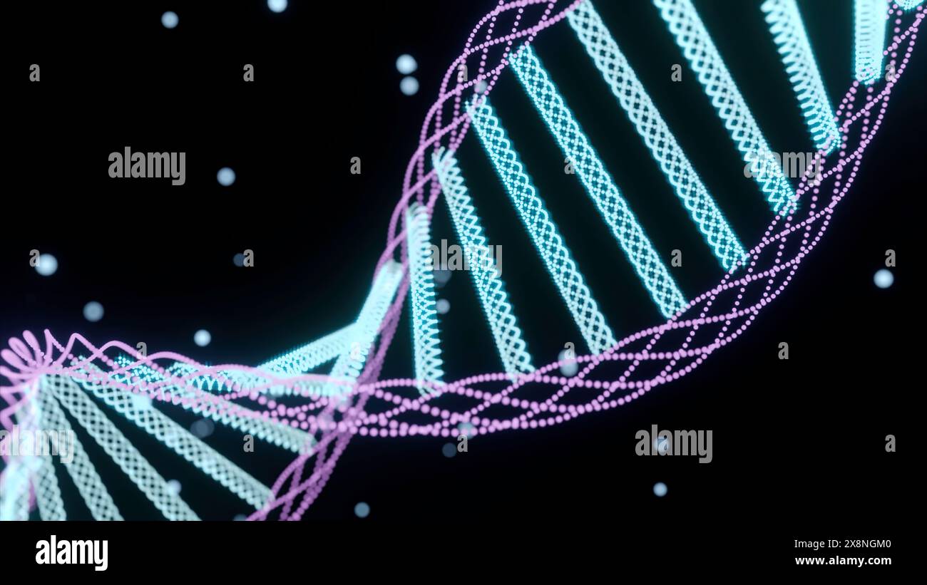 Animation of spinning dna structure, green and purple digital waves ...