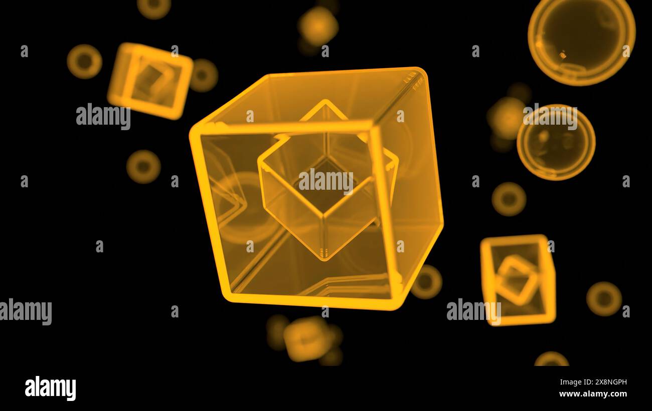 3D cubes rotating in virtual space. Design. Transparent cubes and round ...