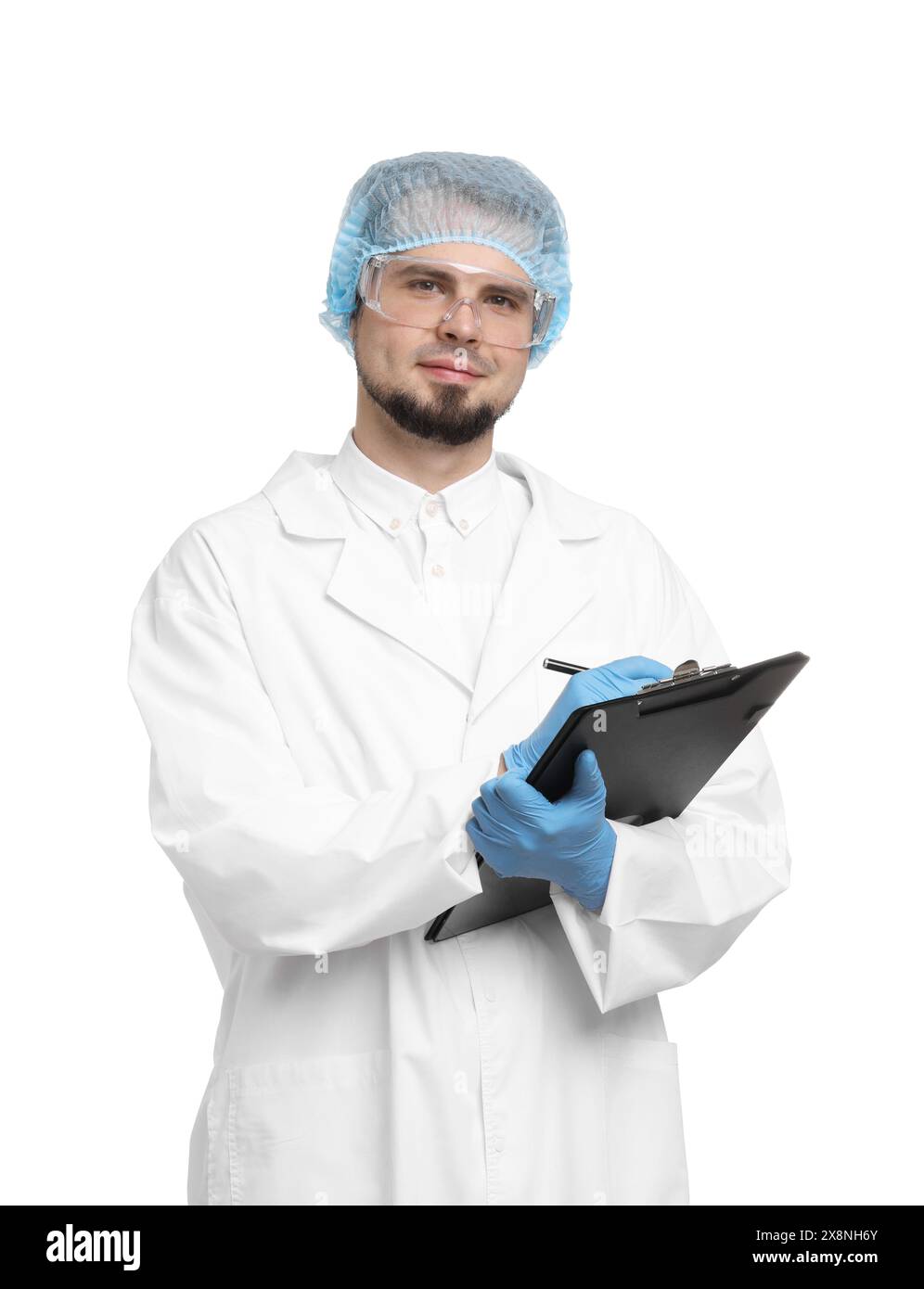 Quality control. Food inspector with clipboard on white background ...