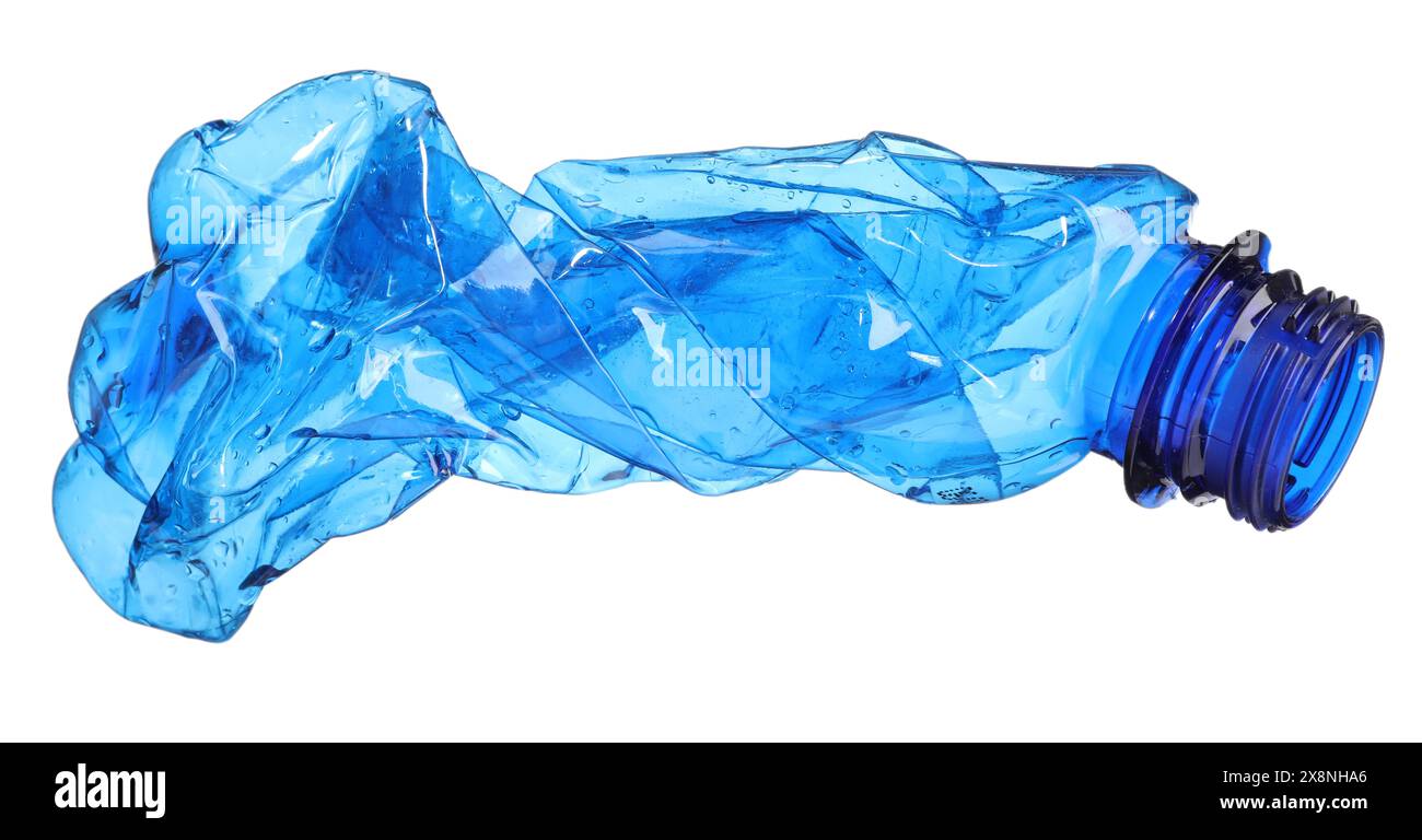 Crumpled disposable plastic bottle isolated on white Stock Photo - Alamy