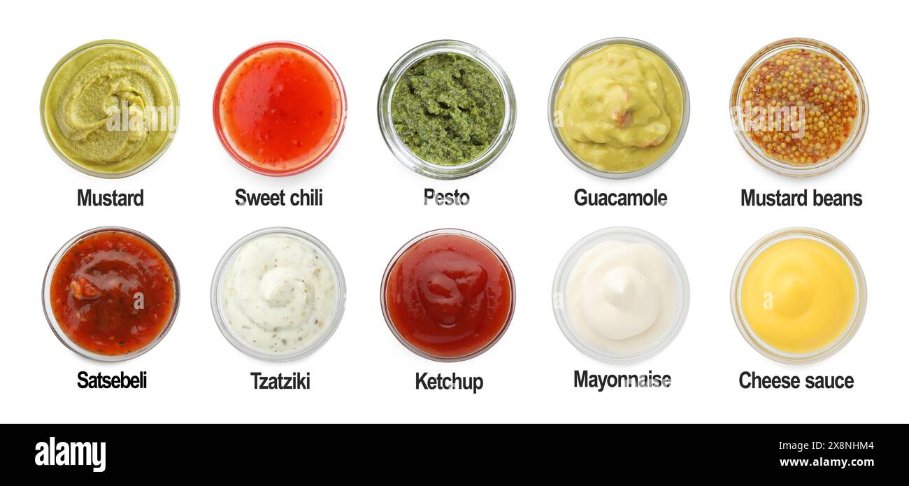 Set of different sauces in bowls and names isolated on white, top view ...