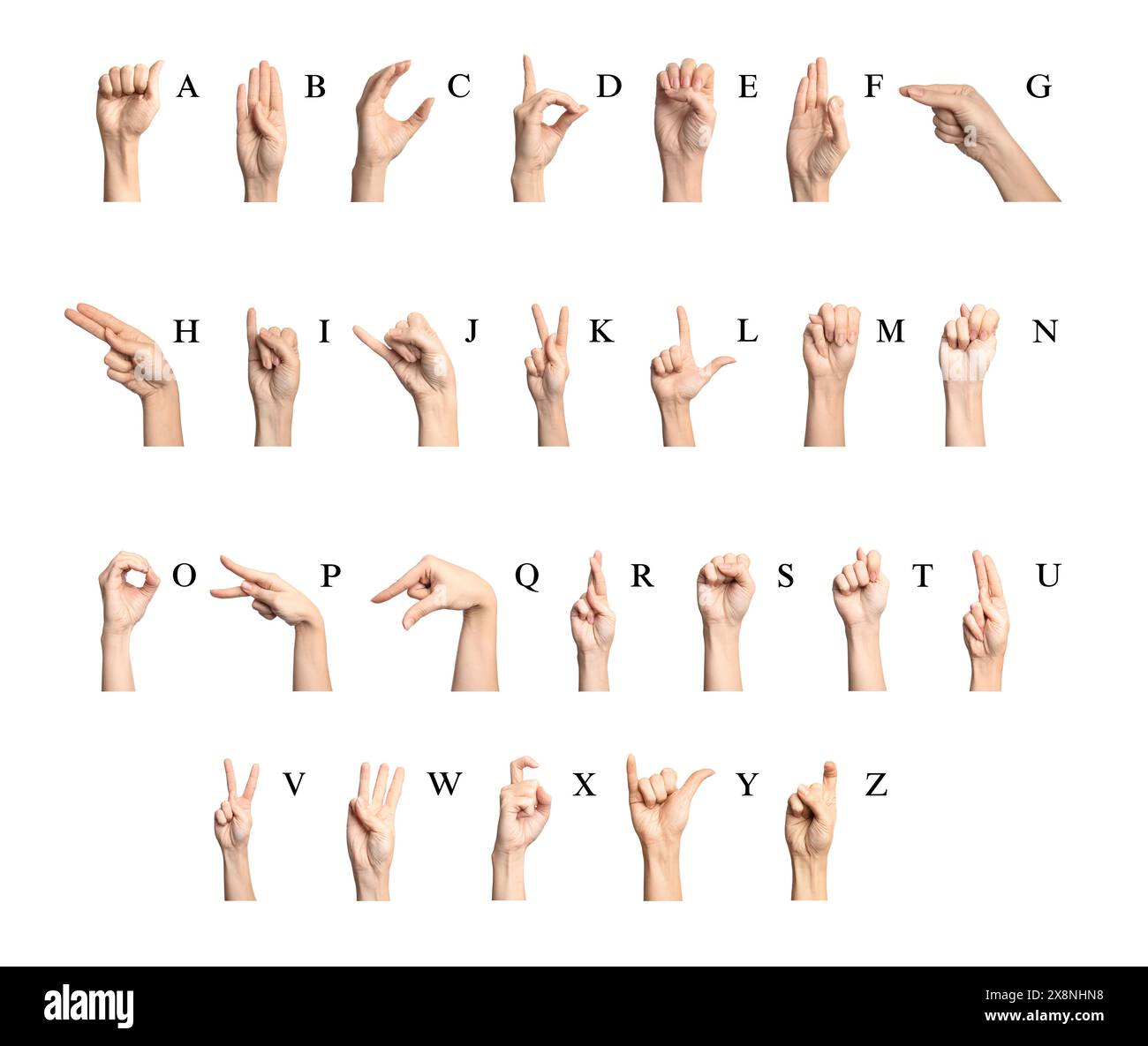 Sign language alphabet. Hand gestures and corresponding letters on white background Stock Photo ...