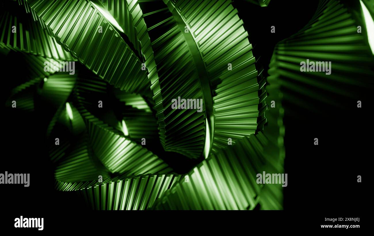 Modern 3D illustration of waving metal tapes. Design. Green ribbed ...