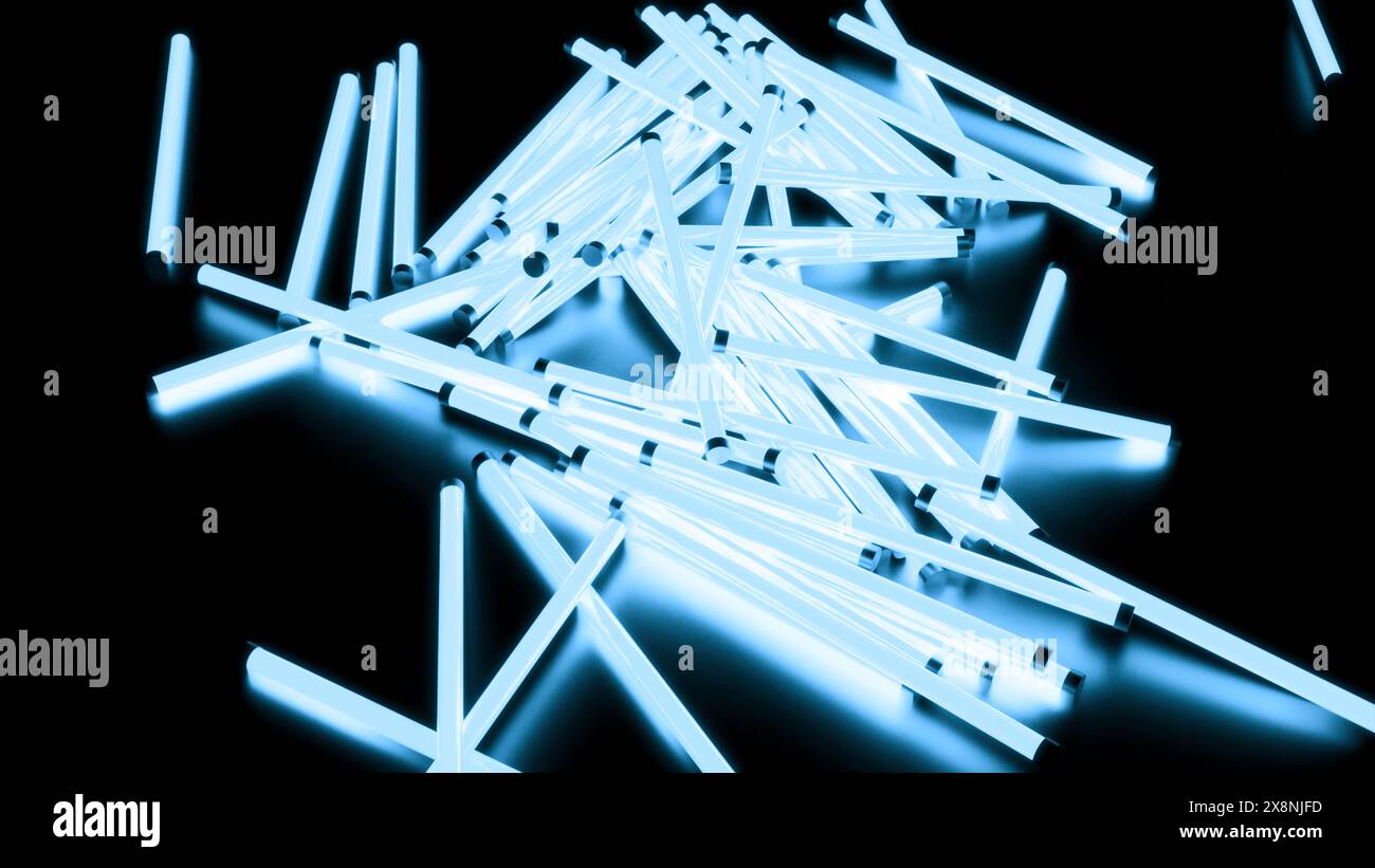 Glowing 3d sticks are falling. Design. Neon lamps fall on surface of 3D ...