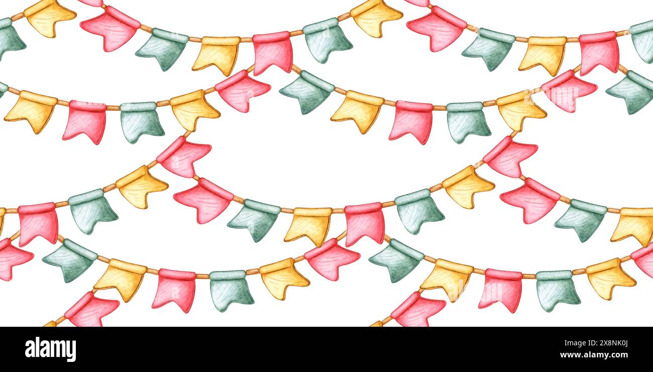 Flags of yellow, red and green colors, garland on a rope pattern ...