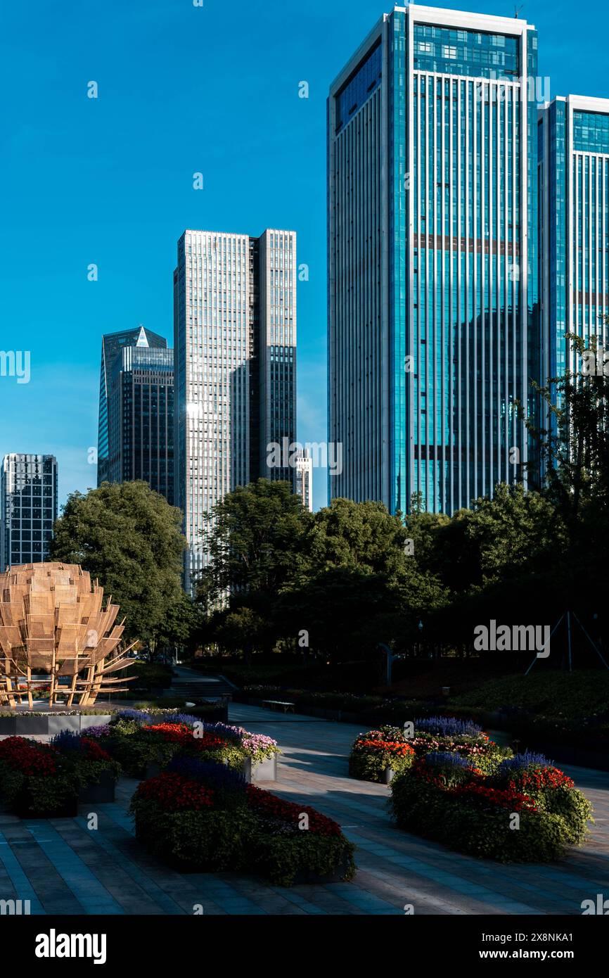 Modern financial buildings in business district; Architectural ...