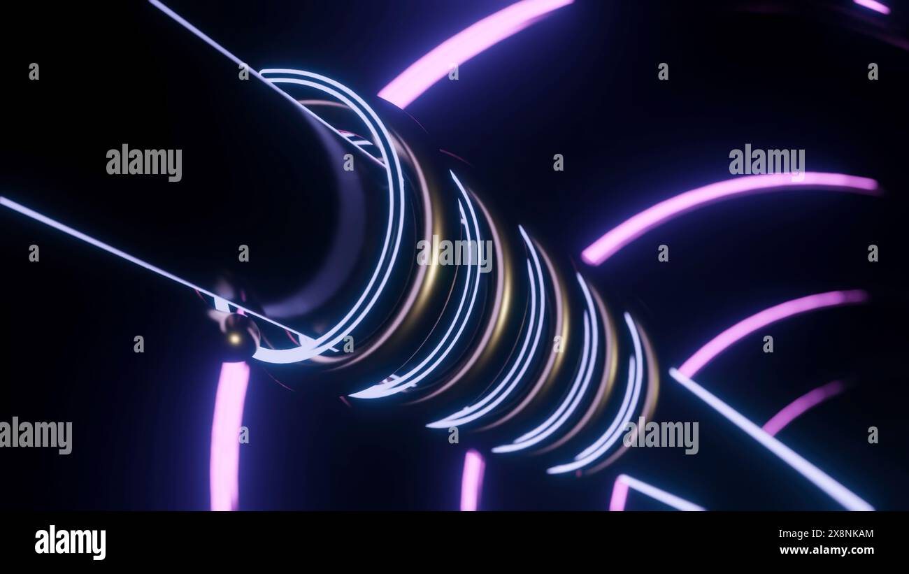 Glowing lines rotate around pipe. Design. Metal tube with moving ...
