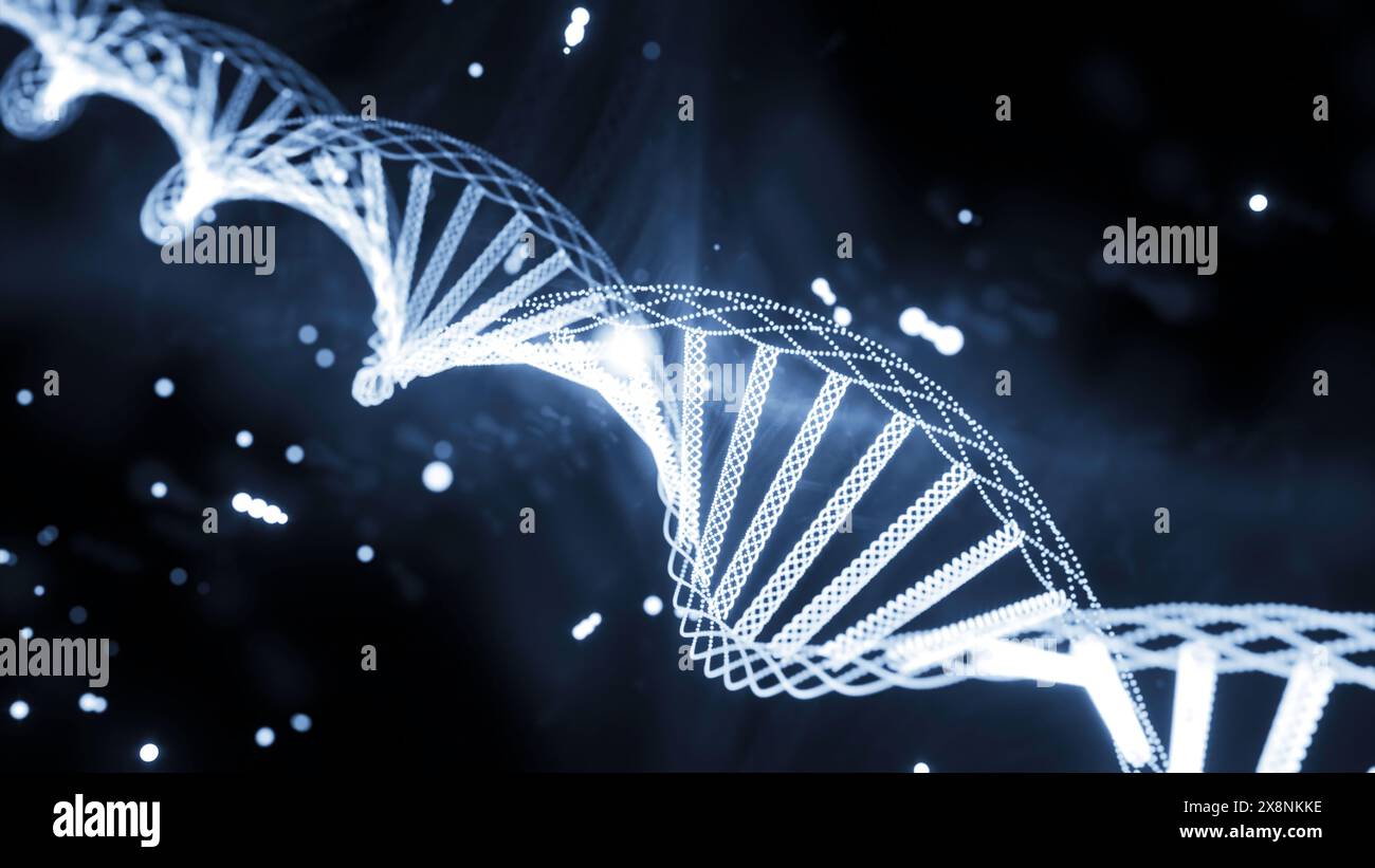 Glowing dna rotates in space. Design. Dna spiral rotates and glows with ...